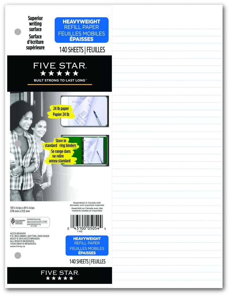 FIVE STAR COLLEGE RULED REFILL PAPER, 10-7/8" X 8-3/8", 140 SHEETS ...